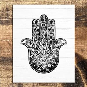 FerrisBuilt Black and White Buddha, Hamsa Hands, Mandala and Lotus Flower, Eclectic Wall Art, Boho Decor, Indie Decor - Set of (4) 8x10 UNFRAMED Prints