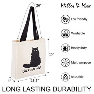 Miller & Max Canvas Tote Bag for Women, Men, 100% Cotton, Cat Cute Print, Durable Design with Inner Pocket, Black Handles, 12 oz Canvas Bag for Shopping, Training and Walk