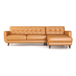 ashcroft elva mid century l-shaped genuine leather right facing chaise sectional, light brown tufted tight back sectional sofa for living room waiting area office apartment dorm home, tan