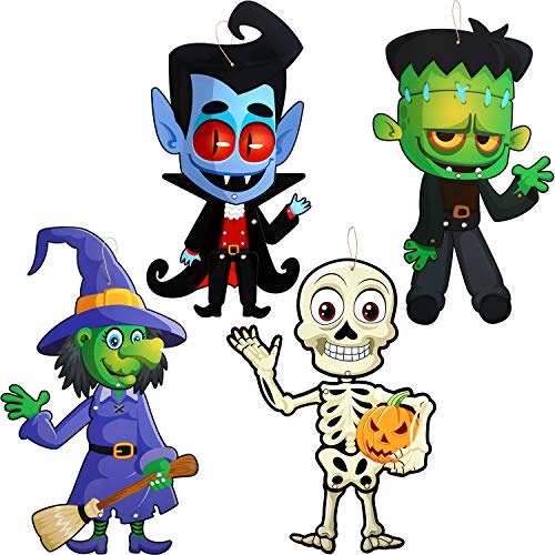 Sumind 4 Sets Funny Halloween Party Decoration Jointed Figures Halloween Door Hanger, Hanging Halloween Wall Decoration Signs Vampire, Skeleton, Witch, Zombie Banners for Halloween Party Decor