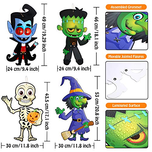 Sumind 4 Sets Funny Halloween Party Decoration Jointed Figures Halloween Door Hanger, Hanging Halloween Wall Decoration Signs Vampire, Skeleton, Witch, Zombie Banners for Halloween Party Decor