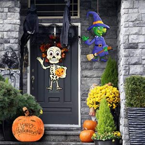 Sumind 4 Sets Funny Halloween Party Decoration Jointed Figures Halloween Door Hanger, Hanging Halloween Wall Decoration Signs Vampire, Skeleton, Witch, Zombie Banners for Halloween Party Decor