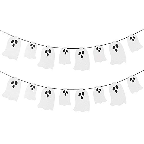 Halloween Hanging Ghost Banner -White Glittery Halloween Party Banner for Haunted Houses Doorways Indoor Outdoor Home Mantel Decorations Supplies (2 Pack)