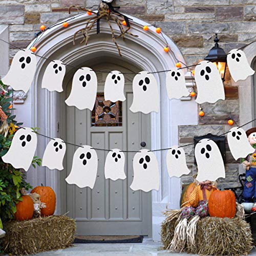 Halloween Hanging Ghost Banner -White Glittery Halloween Party Banner for Haunted Houses Doorways Indoor Outdoor Home Mantel Decorations Supplies (2 Pack)