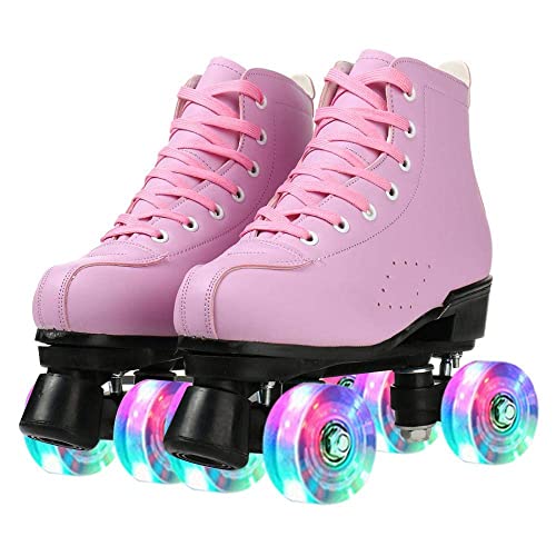 KYIS Womens Roller Skates Hightop Shiny PU Leather Rubber Classic Roller Artistic for Outdoor Skating (Pink(Flash Wheel),7)