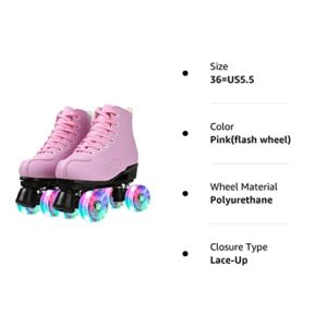 KYIS Womens Roller Skates Hightop Shiny PU Leather Rubber Classic Roller Artistic for Outdoor Skating (Pink(Flash Wheel),7)