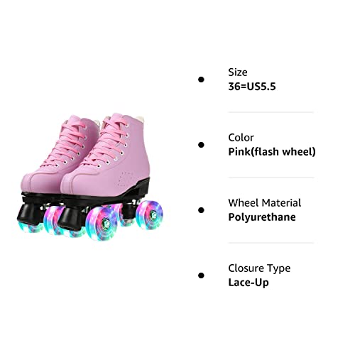 KYIS Womens Roller Skates Hightop Shiny PU Leather Rubber Classic Roller Artistic for Outdoor Skating (Pink(Flash Wheel),7)