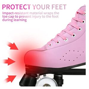 KYIS Womens Roller Skates Hightop Shiny PU Leather Rubber Classic Roller Artistic for Outdoor Skating (Pink(Flash Wheel),7)