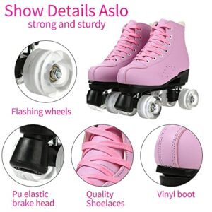 KYIS Womens Roller Skates Hightop Shiny PU Leather Rubber Classic Roller Artistic for Outdoor Skating (Pink(Flash Wheel),7)