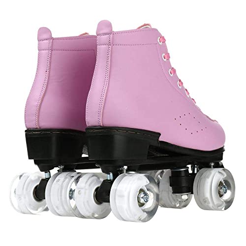 KYIS Womens Roller Skates Hightop Shiny PU Leather Rubber Classic Roller Artistic for Outdoor Skating (Pink(Flash Wheel),7)