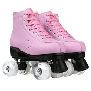 KYIS Womens Roller Skates Hightop Shiny PU Leather Rubber Classic Roller Artistic for Outdoor Skating (Pink(Flash Wheel),7)