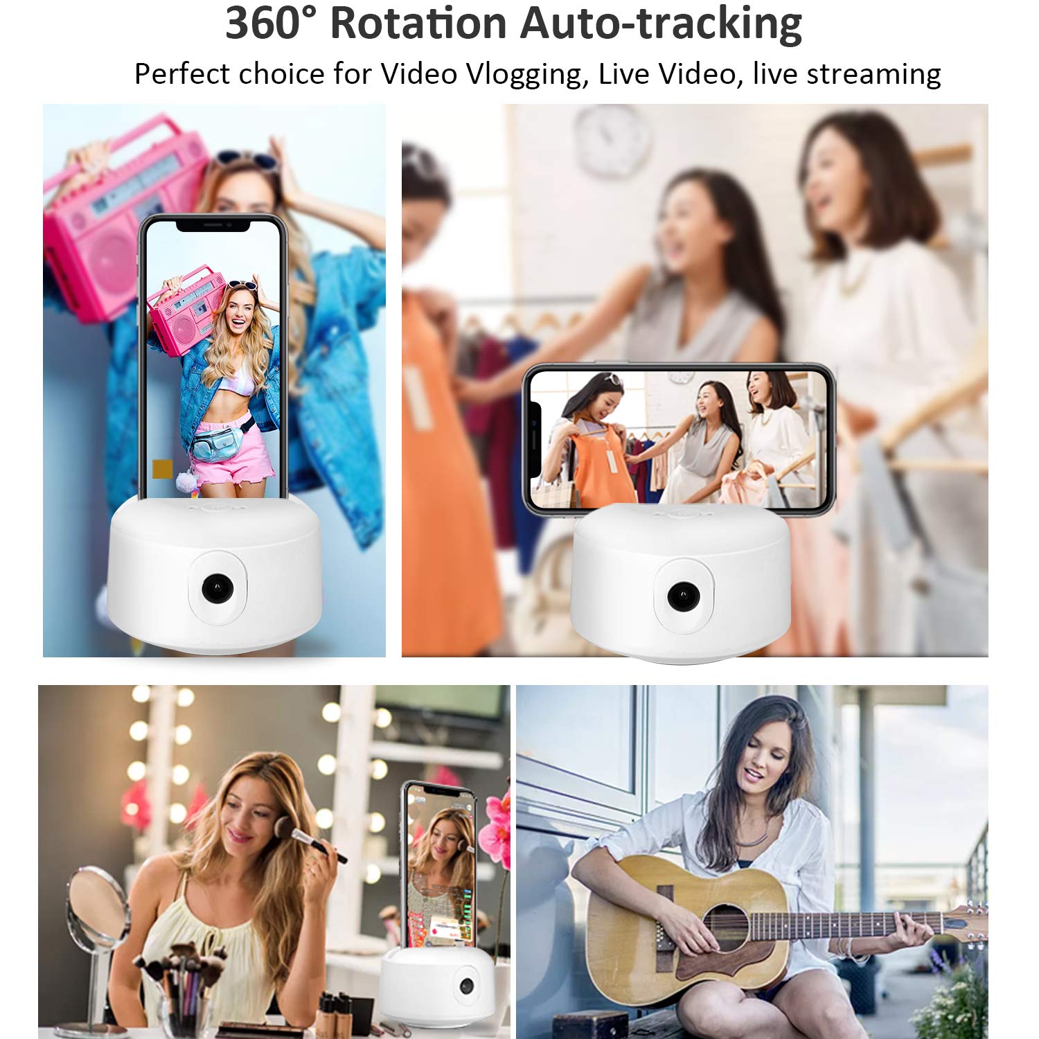 Auto Tracking Smart Shooting Holder【NO APP Required】 360°Rotation Auto Face Selfie Stick, Suitable for Phone, Tablet - Cell Phone Camera Mount for Tripod Stand - Idea for Live Streaming, Live Video