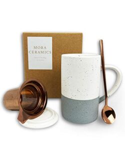 mora ceramics tea cup with loose leaf infuser, spoon and lid, 12 oz, microwave and dishwasher safe coffee mug - rustic matte ceramic glaze, modern herbal tea strainer - great gift for women, flint