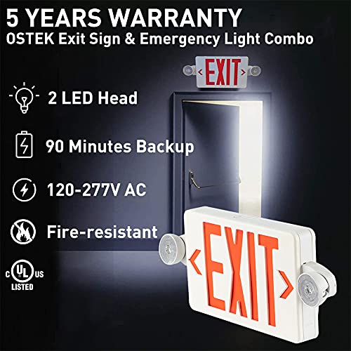 OSTEK Red LED Exit Sign with Emergency Lights，Two LED Adjustable Head Emergency Exit Lights with Battery Backup, Dual LED Lamp ABS Fire Resistance UL-Listed 120-277V