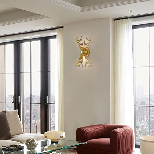 Henveton Brass Mid Century Wall Sconce Sunburst 2-Light, Modern Gold Vanity Light Wall Mount Lamp Industiral Indoor Lighting Fixture for Bathroom, Makeup Vanity, Bedroom, Living Room, Pack of 1