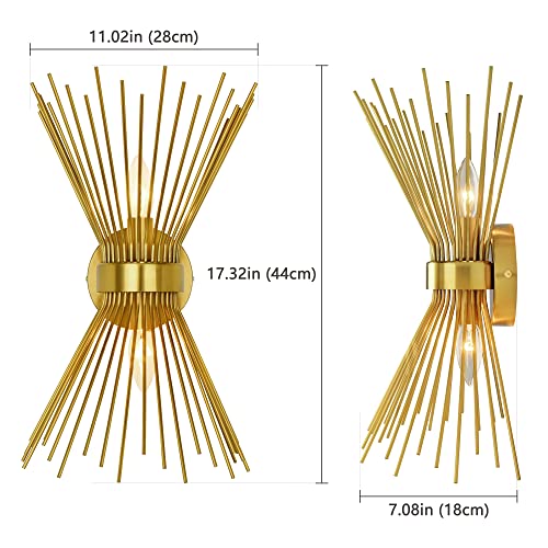 Henveton Brass Mid Century Wall Sconce Sunburst 2-Light, Modern Gold Vanity Light Wall Mount Lamp Industiral Indoor Lighting Fixture for Bathroom, Makeup Vanity, Bedroom, Living Room, Pack of 1