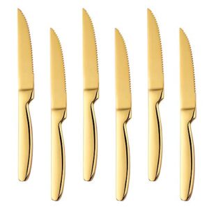 stainless steel serrated steak knife set of 6, buygo gold color heavy duty dinner table knives for cutting meat, beef, 8.6 inch, dishwasher safe