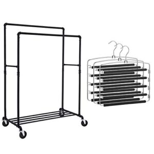 songmics double-rail clothes rack bundle with 3-pack 5-bar pants hangers, industrial pipe design garment rack on wheels, space-saving trousers hangers with swing arms, black uhsr60b and ucri041bk