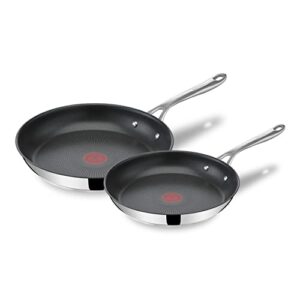 tefal jamie oliver cook's direct stainless steel, 2 piece frying pan set, 24 & 28cm, non-stick coating, heat indicator, riveted safe-grip handle, induction hob compatible, e304s244