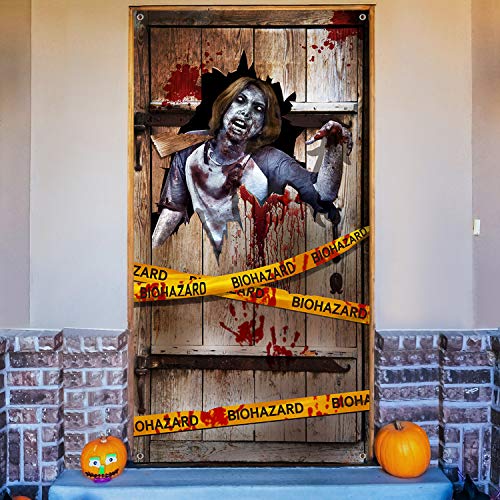 Halloween Scary Door Poster Large Horror with Warning Sign Backdrop Halloween Decoration Halloween Banner for Party Halloween Haunted House Decorations Supplies, 6 x 3 ft