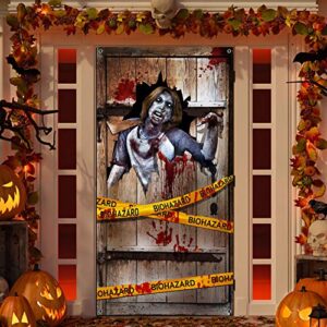 Halloween Scary Door Poster Large Horror with Warning Sign Backdrop Halloween Decoration Halloween Banner for Party Halloween Haunted House Decorations Supplies, 6 x 3 ft