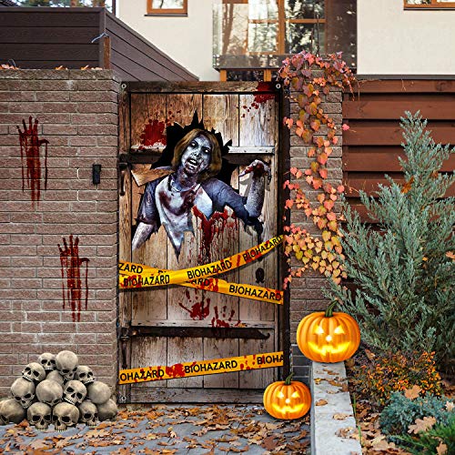 Halloween Scary Door Poster Large Horror with Warning Sign Backdrop Halloween Decoration Halloween Banner for Party Halloween Haunted House Decorations Supplies, 6 x 3 ft