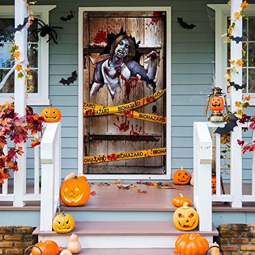 Halloween Scary Door Poster Large Horror with Warning Sign Backdrop Halloween Decoration Halloween Banner for Party Halloween Haunted House Decorations Supplies, 6 x 3 ft