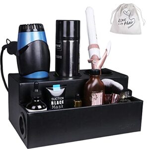 squarebox black hair tool organizer - blow dryer, curling iron, flat iron holder - hair styling tools accessories organizer - vanity countertop organizer - free travel bag gift! (black)