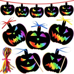 outus 48 pieces halloween scratch paper halloween ornaments craft colorful scratch craft art rainbow halloween decor with 12 wooden sticks and 48 colorful ribbons for kids church classroom (pumpkin)