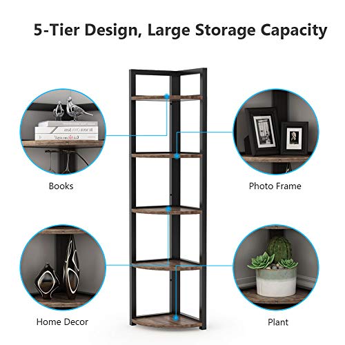 Tribesigns Corner Plant Stand Indoor, Rustic 5 Tier Corner Shelf Stand Furniture for Living Room, Bathroom, Kitchen (Metal&Wood)