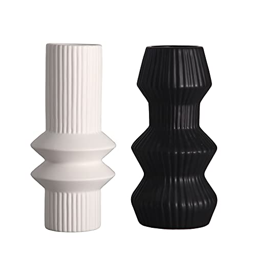 TERESA'S COLLECTIONS Modern Geometric Ceramic Vase for Home Decor, Black and White Decorative Vase for Fireplace, Flower Vases for Dining Table Decor, Living Room, Mantel, Shelf, 8 inch- Set of 2