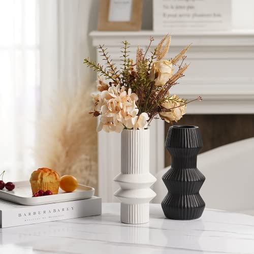 TERESA'S COLLECTIONS Modern Geometric Ceramic Vase for Home Decor, Black and White Decorative Vase for Fireplace, Flower Vases for Dining Table Decor, Living Room, Mantel, Shelf, 8 inch- Set of 2