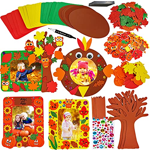 Winlyn 12 Sets Fall Thanksgiving Craft Kits DIY Thanksgiving Picture Frame Decorations Art Sets Tree Smile Face Pumpkin Autumn Leaf Owl Turkey Foam Stickers Arts and Crafts for Kids Party Activities