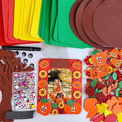 Winlyn 12 Sets Fall Thanksgiving Craft Kits DIY Thanksgiving Picture Frame Decorations Art Sets Tree Smile Face Pumpkin Autumn Leaf Owl Turkey Foam Stickers Arts and Crafts for Kids Party Activities