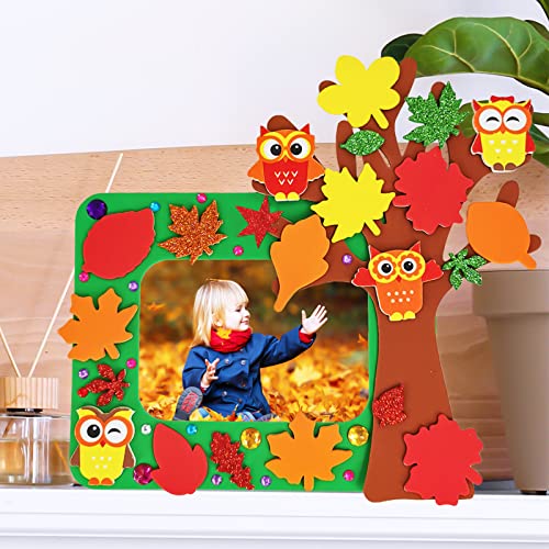 Winlyn 12 Sets Fall Thanksgiving Craft Kits DIY Thanksgiving Picture Frame Decorations Art Sets Tree Smile Face Pumpkin Autumn Leaf Owl Turkey Foam Stickers Arts and Crafts for Kids Party Activities