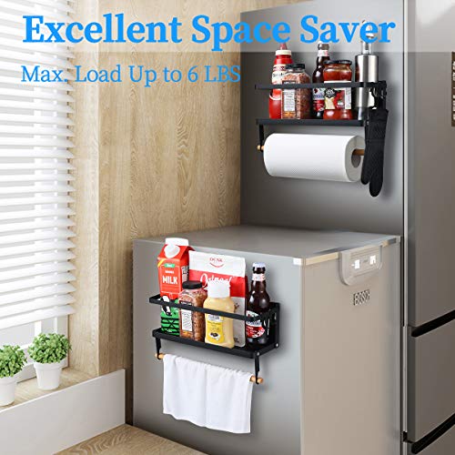 ZITRONE Magnetic Paper Towel Holder for Refrigerator 2-in-1 Foldable Magnetic Spice Rack, Strong Magnetic Shelf Fridge Organizer - Counter Space Saver for Kitchen Apartment, Black