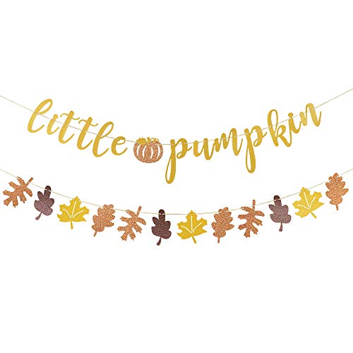 Glitter Little Pumpkin Banner with Pumpkin Fall Leaves Garland Banner -Thanksgiving Autumn Festival Fall Theme Baby Shower Kid's Birthday Party Decorations Supplies