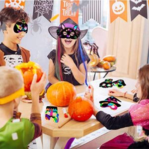 OuMuaMua 30PCS Halloween Rainbow Scratch Mask Art Craft Kit, Bat Witch Pumpkin Zombie Pirate Skull Scratch Paper Art Mask for Halloween Party Crafts Classroom Decorations