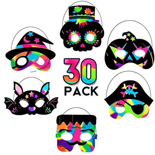 OuMuaMua 30PCS Halloween Rainbow Scratch Mask Art Craft Kit, Bat Witch Pumpkin Zombie Pirate Skull Scratch Paper Art Mask for Halloween Party Crafts Classroom Decorations