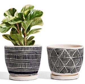 le tauci cement planters pots for indoor plants, 5.5 inch boho plant pots with drainage holes & saucers, decorative succulent pots indoor, bonsai pots, unglazed, set of 2