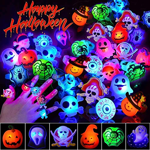 50 Pack Halloween LED Glow Ring for Kids, The Dark Birthday Party Supplies Prizes Classroom LED Halloween Christmas Light up Toys Flash Finger Rubber Rings 10 Shape Ghost Pumpkin Skeleton Spider Bat