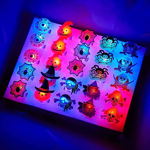 50 Pack Halloween LED Glow Ring for Kids, The Dark Birthday Party Supplies Prizes Classroom LED Halloween Christmas Light up Toys Flash Finger Rubber Rings 10 Shape Ghost Pumpkin Skeleton Spider Bat