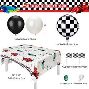 NAIWOXI Race Car Birthday Party Supplies - Race Car Party Decorations for Boy, Banner Tablecloths Car Party Sign Plates Napkins Cups Balloons Toppers Cutlery Bags Straws Tableware Utensils | Serves 16