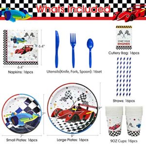 NAIWOXI Race Car Birthday Party Supplies - Race Car Party Decorations for Boy, Banner Tablecloths Car Party Sign Plates Napkins Cups Balloons Toppers Cutlery Bags Straws Tableware Utensils | Serves 16