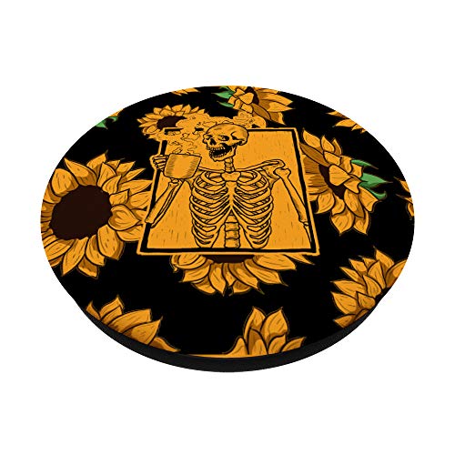 Black Base Skeleton Sunflower Pattern Skull drinking Coffee PopSockets PopGrip: Swappable Grip for Phones & Tablets