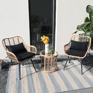 joivi 3 piece outdoor wicker furniture bistro set, patio rattan conversation set with round glass top coffee side table, cushions and lumbar pillows for porch, backyard, deck