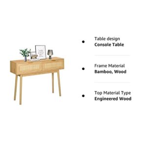 LAZZO 39" Console Table, Oak Grain Sofa Table with Wood Frame, Rustic Hallway Table with 2 Bamboo Weaving Storage Drawers for Foyer Living Room Entryway