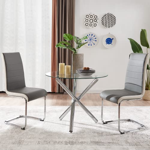 Modern Dining Table Set for 2 Person,3 Pieces Kitchen Dining Room Sets with Glass Round Table Top,Chrome Legs + 2 Grey with White Side,Faux Leather High Back Dining Room Chairs Set for Home Office