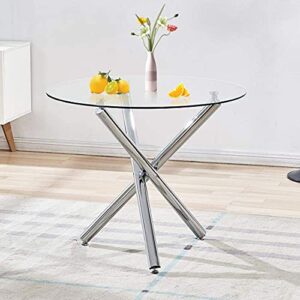 Modern Dining Table Set for 2 Person,3 Pieces Kitchen Dining Room Sets with Glass Round Table Top,Chrome Legs + 2 Grey with White Side,Faux Leather High Back Dining Room Chairs Set for Home Office