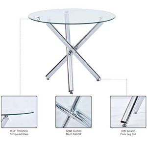 Modern Dining Table Set for 2 Person,3 Pieces Kitchen Dining Room Sets with Glass Round Table Top,Chrome Legs + 2 Grey with White Side,Faux Leather High Back Dining Room Chairs Set for Home Office